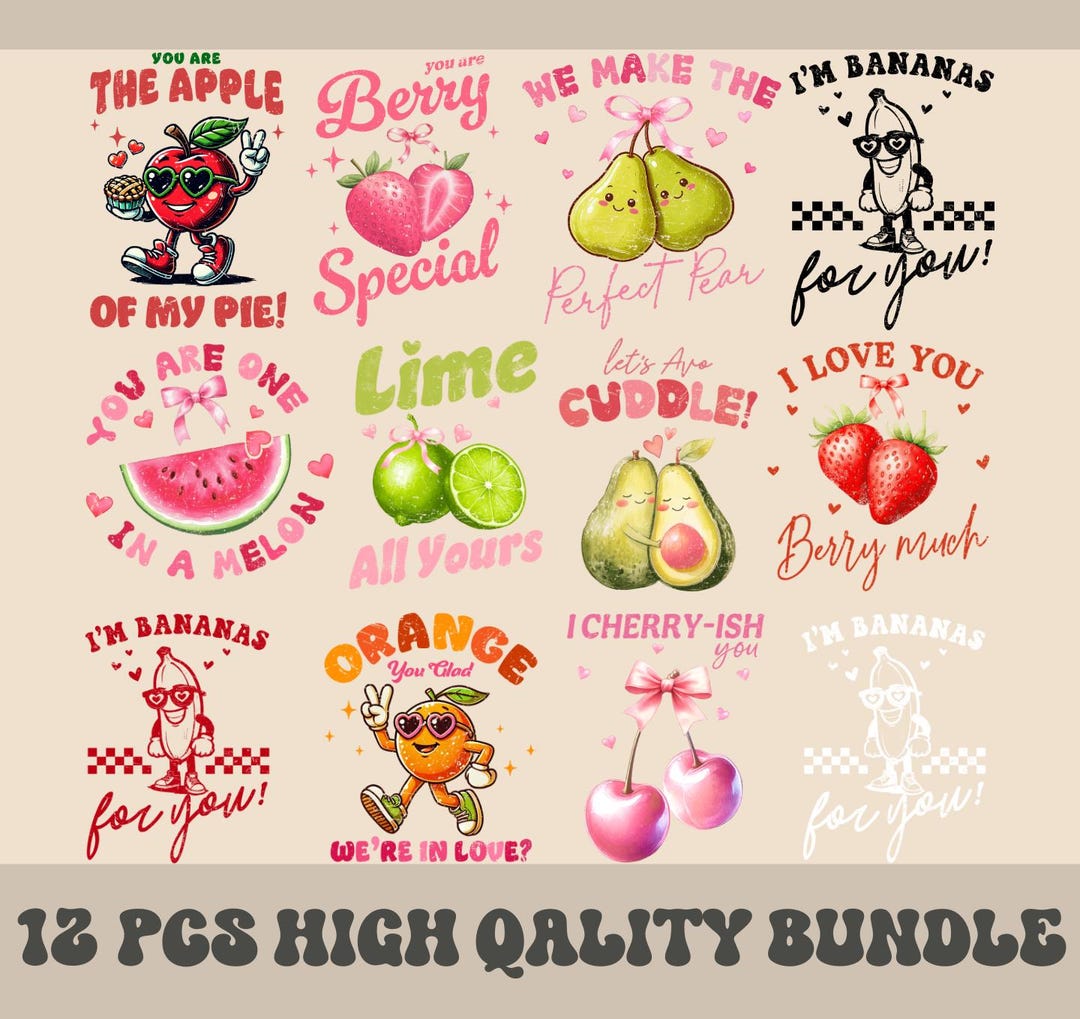 12 Pcs Funny Valentine Fruits Png Bundle, Retro Funny Valentine Png ...