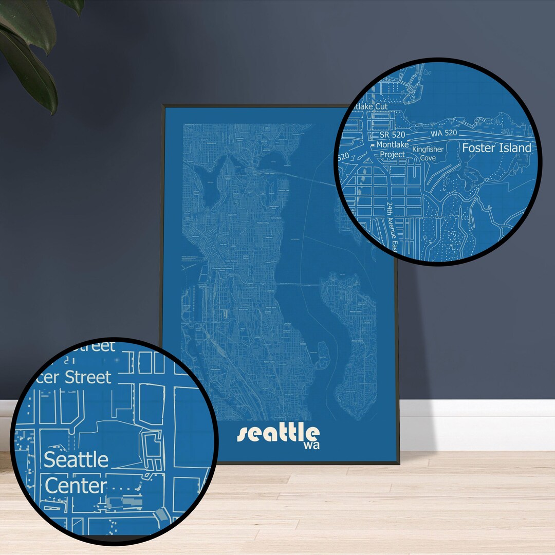 Detailed Blueprint Seattle Poster Custom Design Office Street Map ...