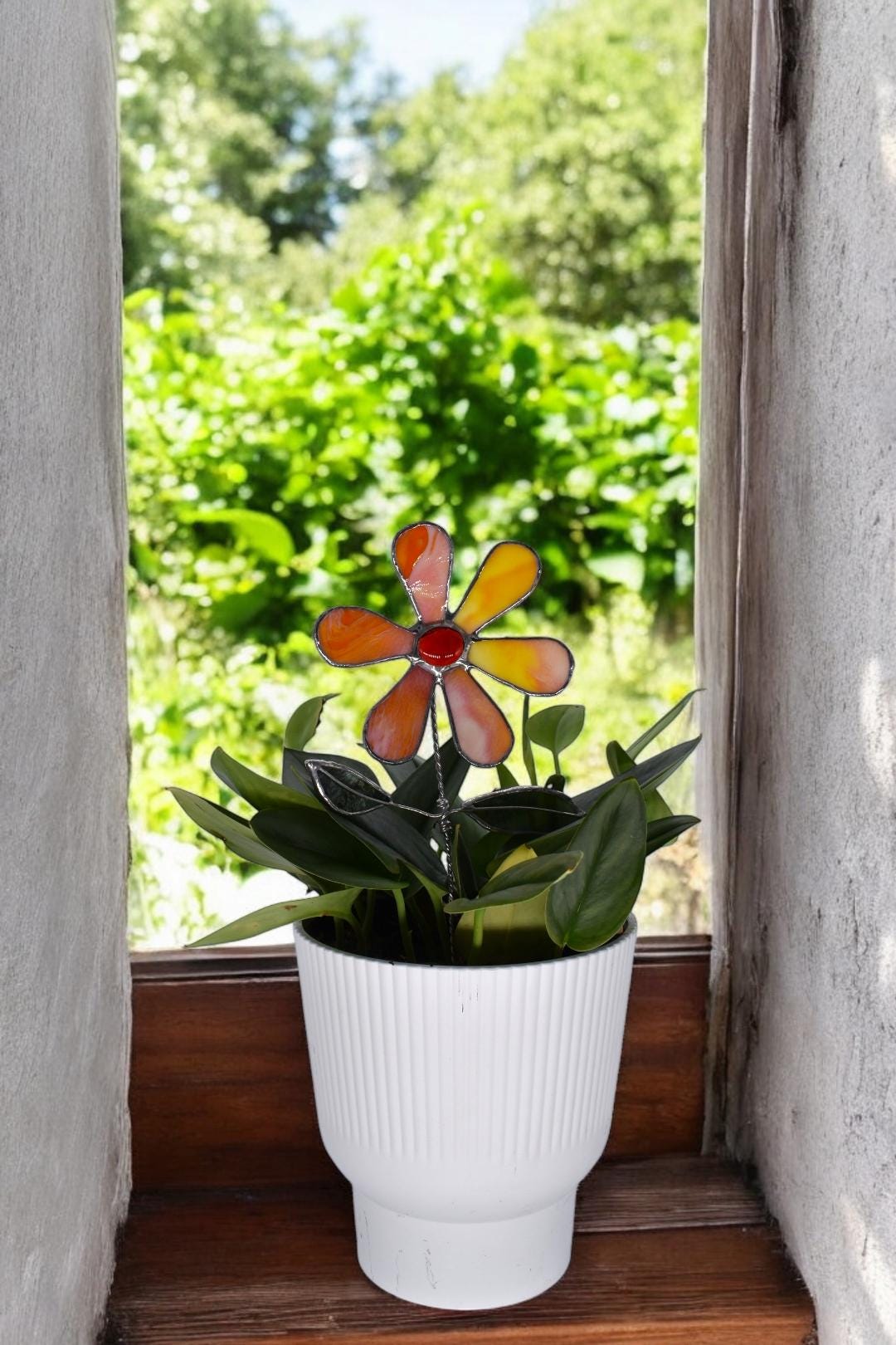 Stained Glass Flower Pot Stick, Houseplant Art, Garden Art, Glass, Gift ...