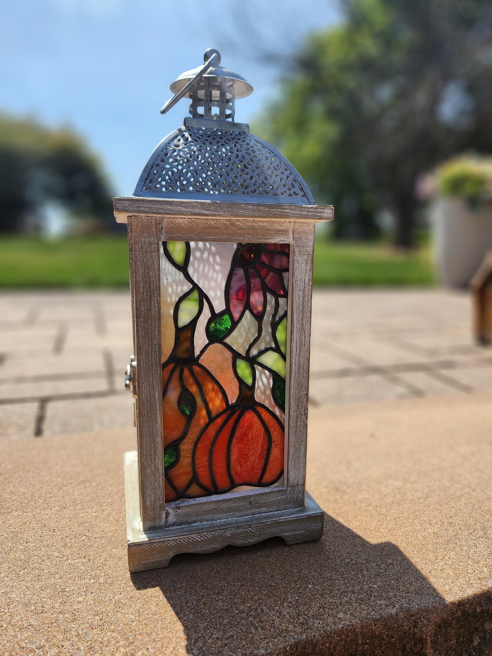 Stained Glass Lantern, Porch Decor, Table Centerpiece, Fall Decor, Cone ...