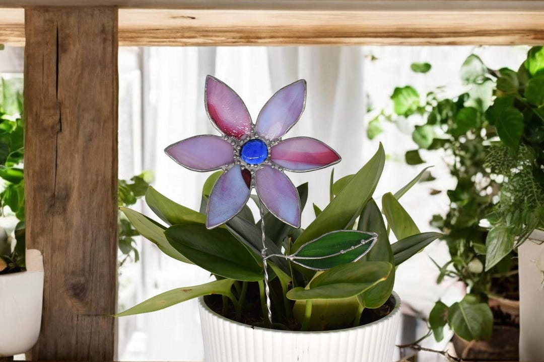 Stained Glass Flower Pot Stick, Houseplant Art, Garden Art, Glass, Gift ...