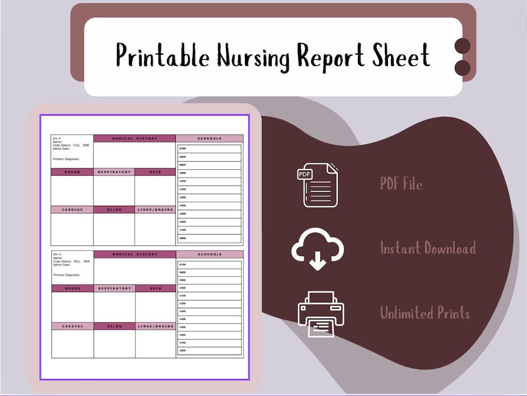Multiple Patient Nurse Report Sheet, Med Surg Report Sheet, ICU Report ...
