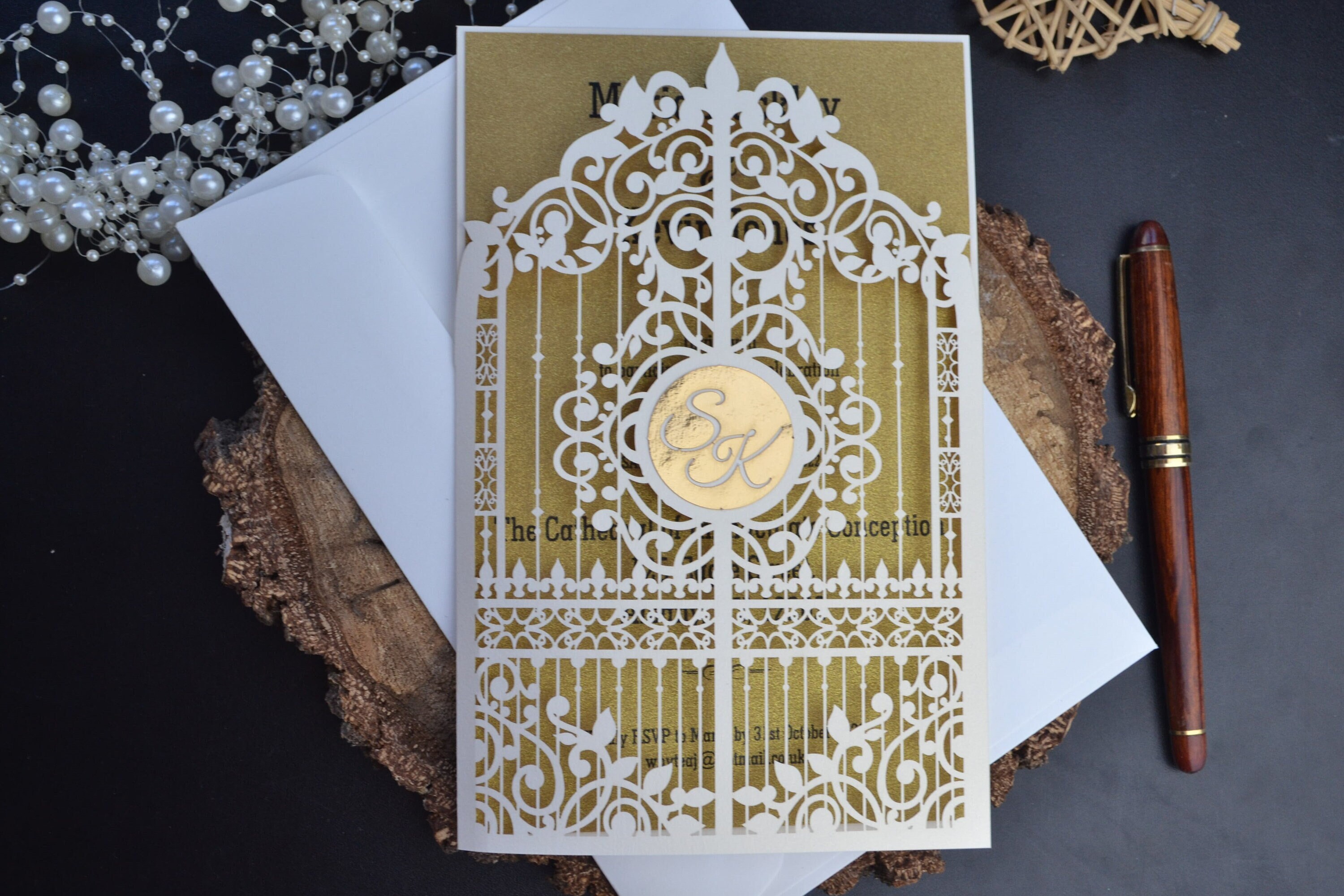 White and Gold Wedding Invitation, Printed Wedding Invitation, Gate ...