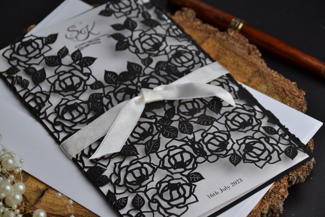 Black Laser Cut Wedding Invitation With Envelope, Handmade Wedding ...