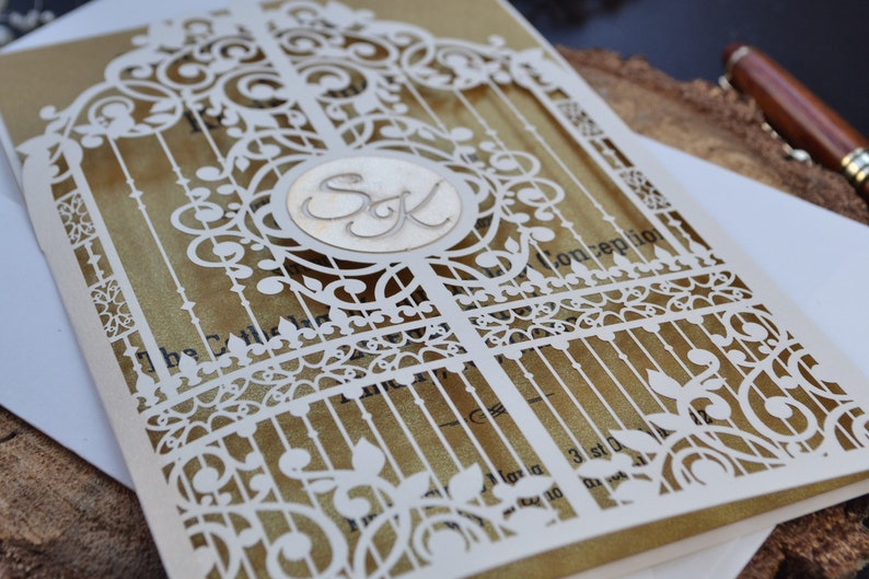 White and Gold Wedding Invitation, Printed Wedding Invitation, Gate ...