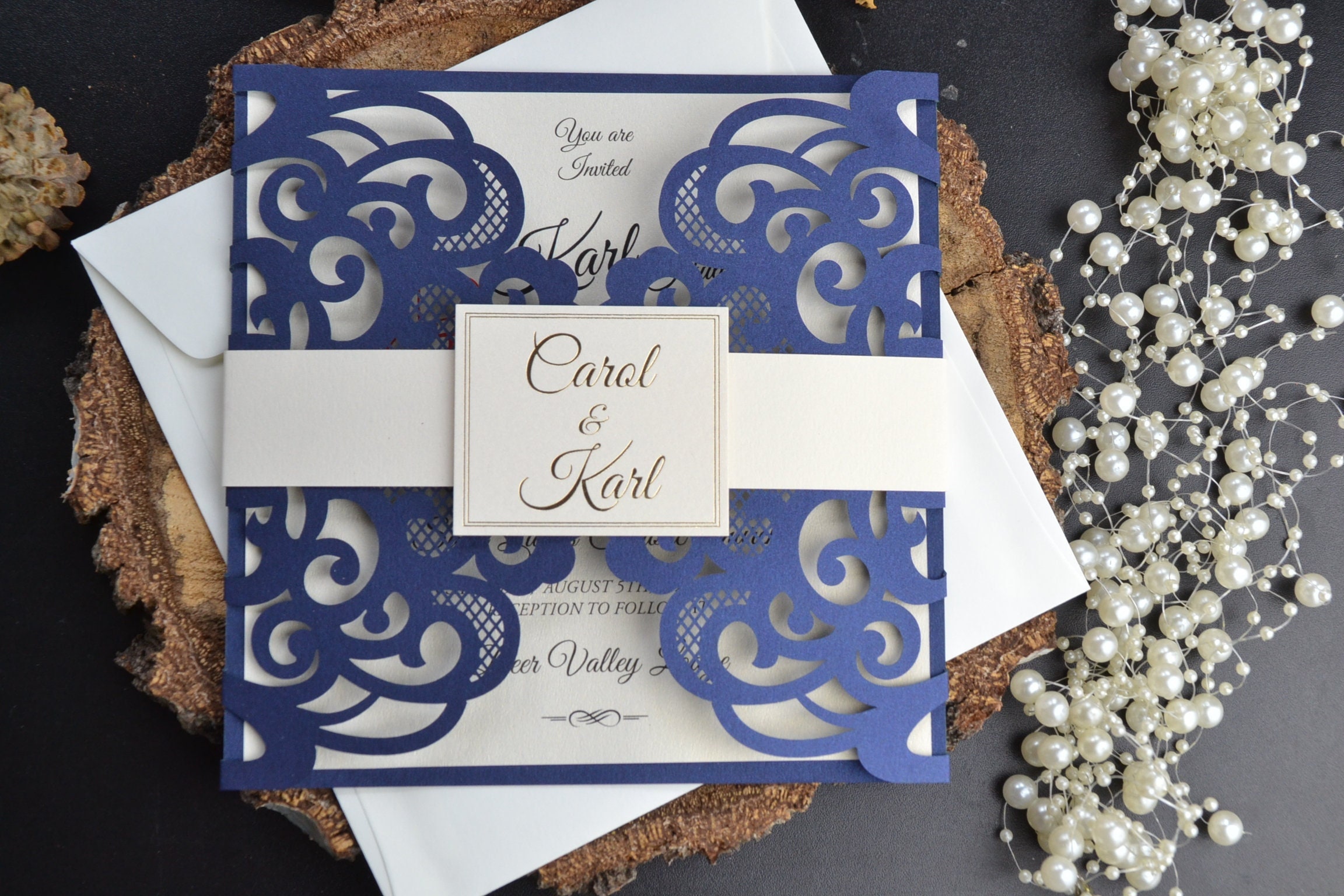 Navy Blue Laser Cut Wedding Invitation With Envelope, Handmade Gold ...