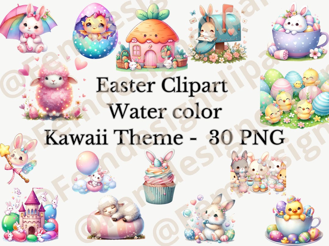 Kawaii Easter Clipart – 30 PNG Files (300 DPI) | Cute Bunny, Chicks ...