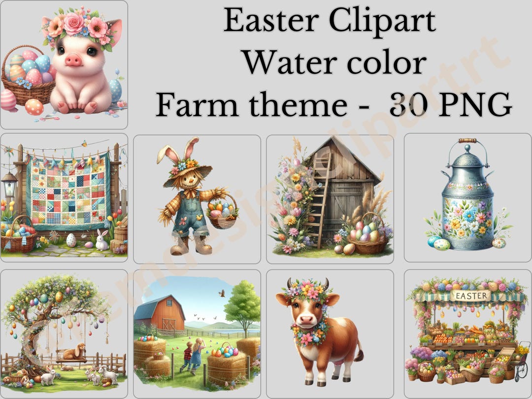 Farm Easter Clipart – 30 PNG Files (300 DPI) | Cute Farm Animals, Eggs ...