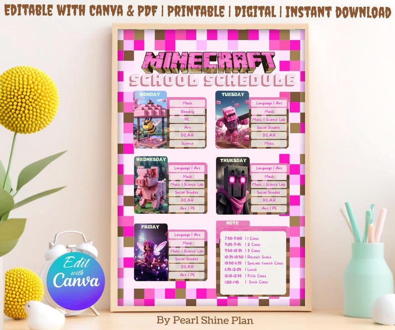Printable Minecraft Schedule for Girls, Editable School Planner for ...