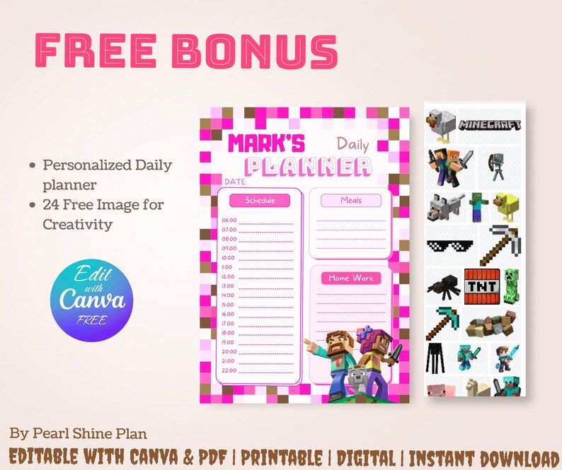 Printable Minecraft Schedule for Girls, Editable School Planner for ...