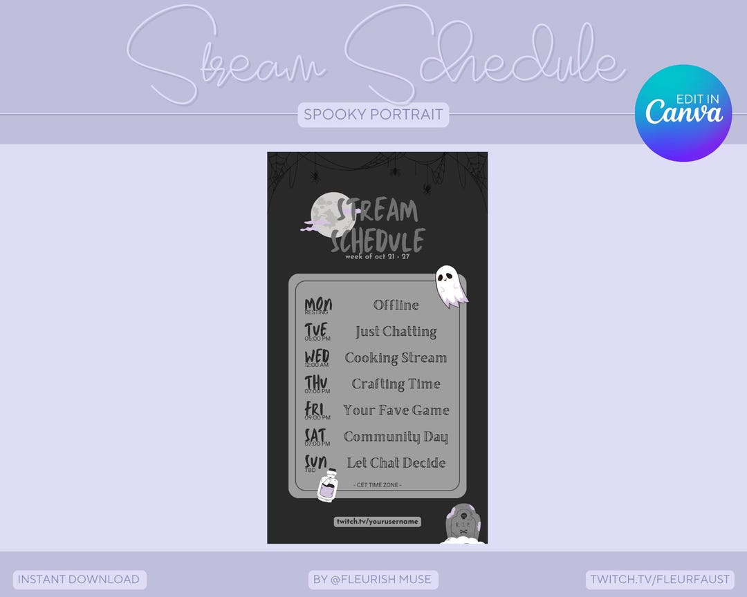 Spooky Halloween Themed Twitch Stream Schedule Template for CANVA in ...