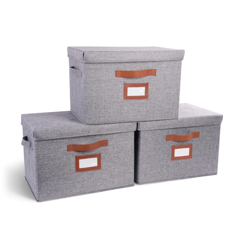 Large Collapsible Storage Bins With Lids, Fabric Handles, Faux Leather ...