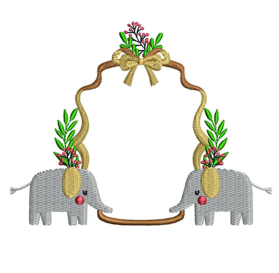 Crest Frame Embroidery File With Cute Elephants, Royal Flower Banner ...