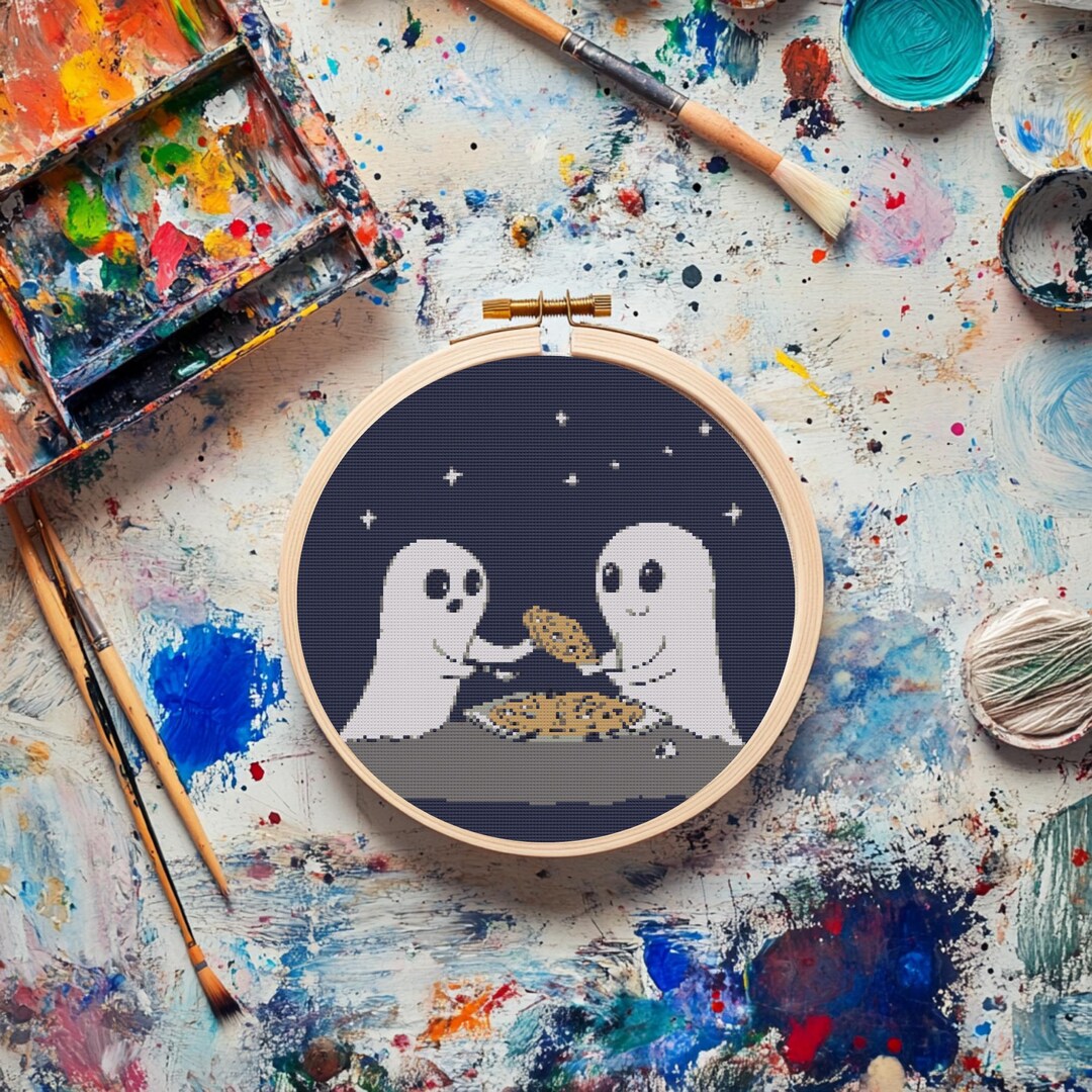 Ghosts Eating Pizza Cross Stitch Pattern Adorable Halloween Ghosts ...