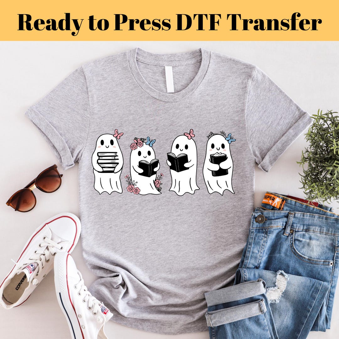Ghost Reading Books Dtf, Bookish Cute Ghost Ready to Press Dtf Transfer ...