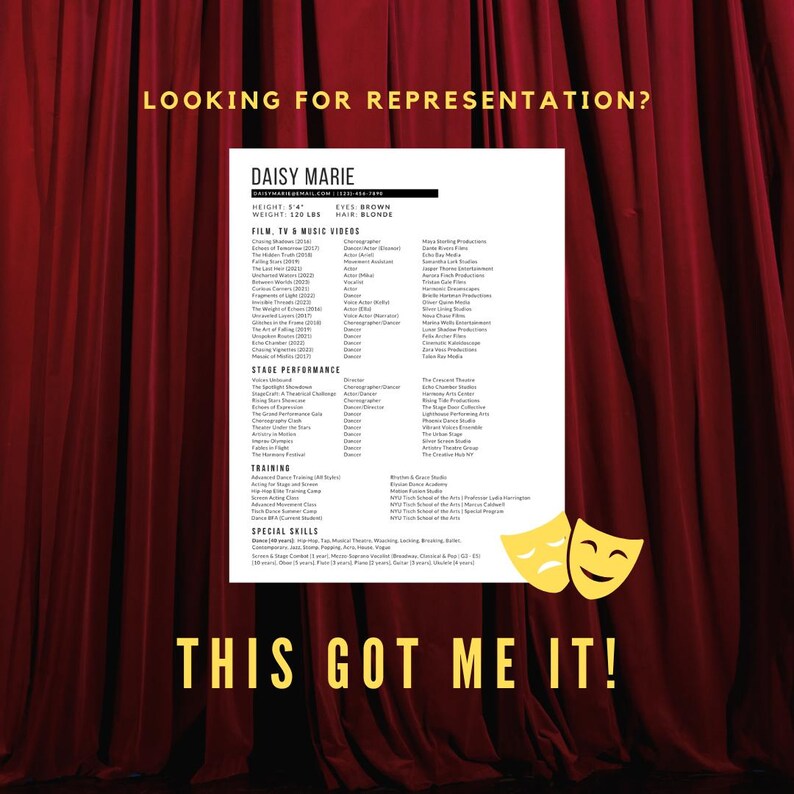 Editable Resume Template for Actors, Actresses, Dancers, and Performers ...
