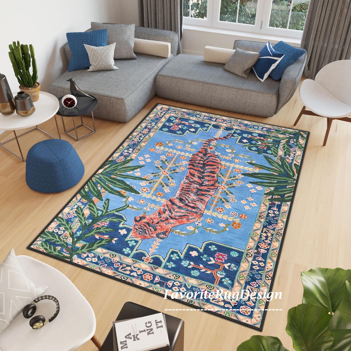 Tiger Pattern Rug, Animal Livingroom Area Rug, Entre Runner Rug, Blue ...