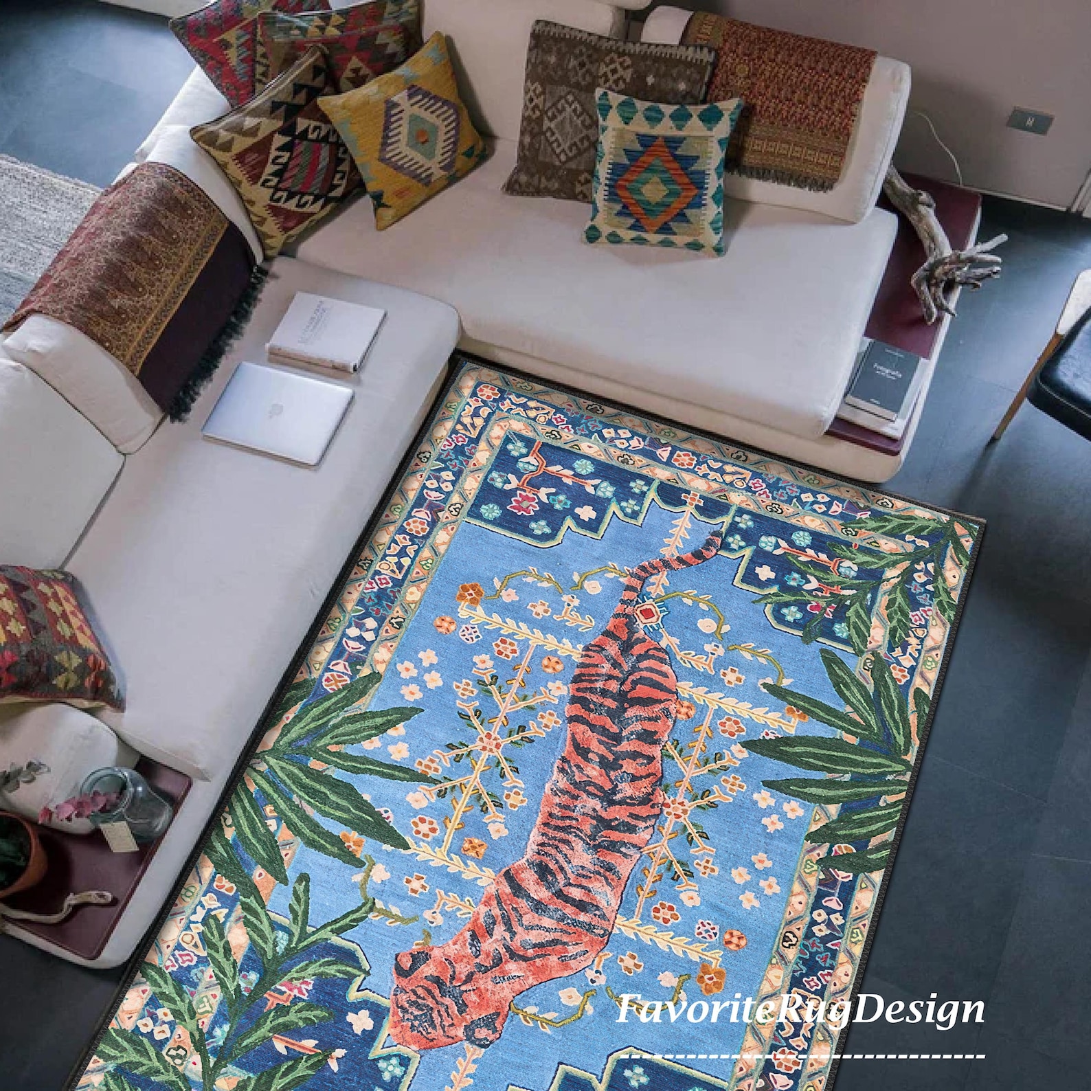 Tiger Pattern Rug, Animal Livingroom Area Rug, Entre Runner Rug, Blue ...