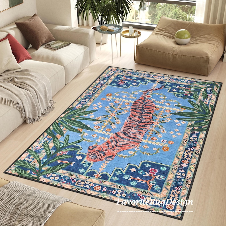 Tiger Pattern Rug, Animal Livingroom Area Rug, Entre Runner Rug, Blue ...