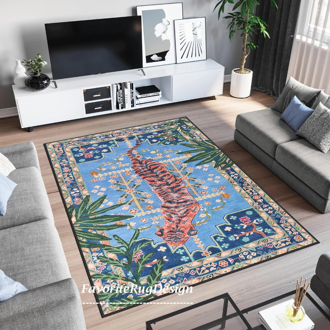 Tiger Pattern Rug, Animal Livingroom Area Rug, Entre Runner Rug, Blue ...
