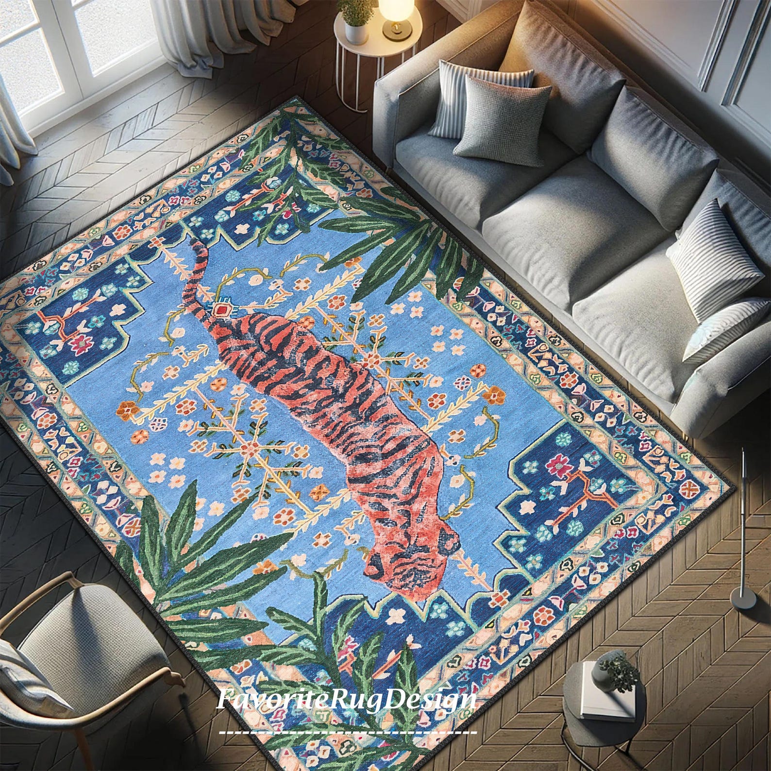 Tiger Pattern Rug, Animal Livingroom Area Rug, Entre Runner Rug, Blue ...