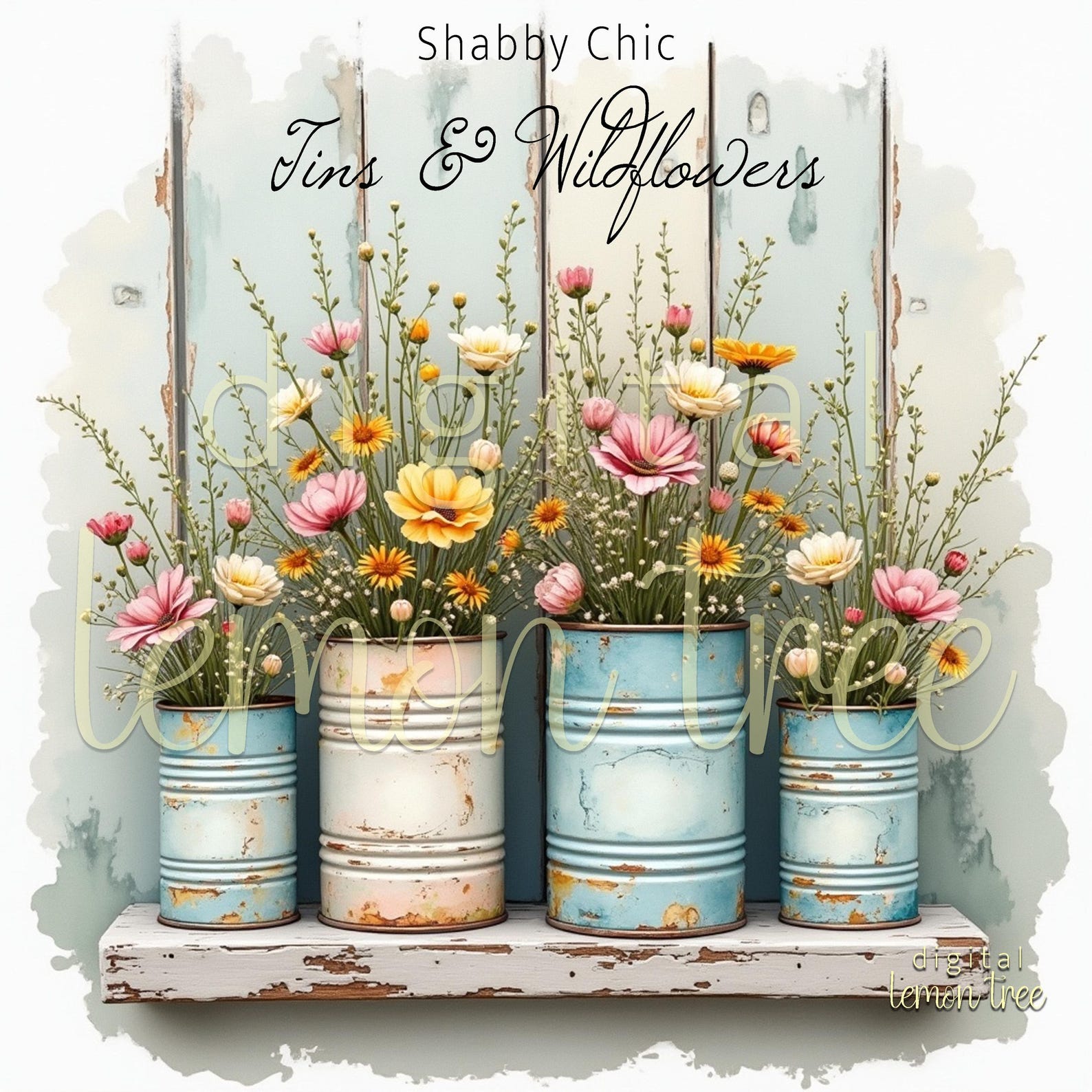 Shabby Chic Wildflower Clipart: Farmhouse Tins (digital Download) - Etsy