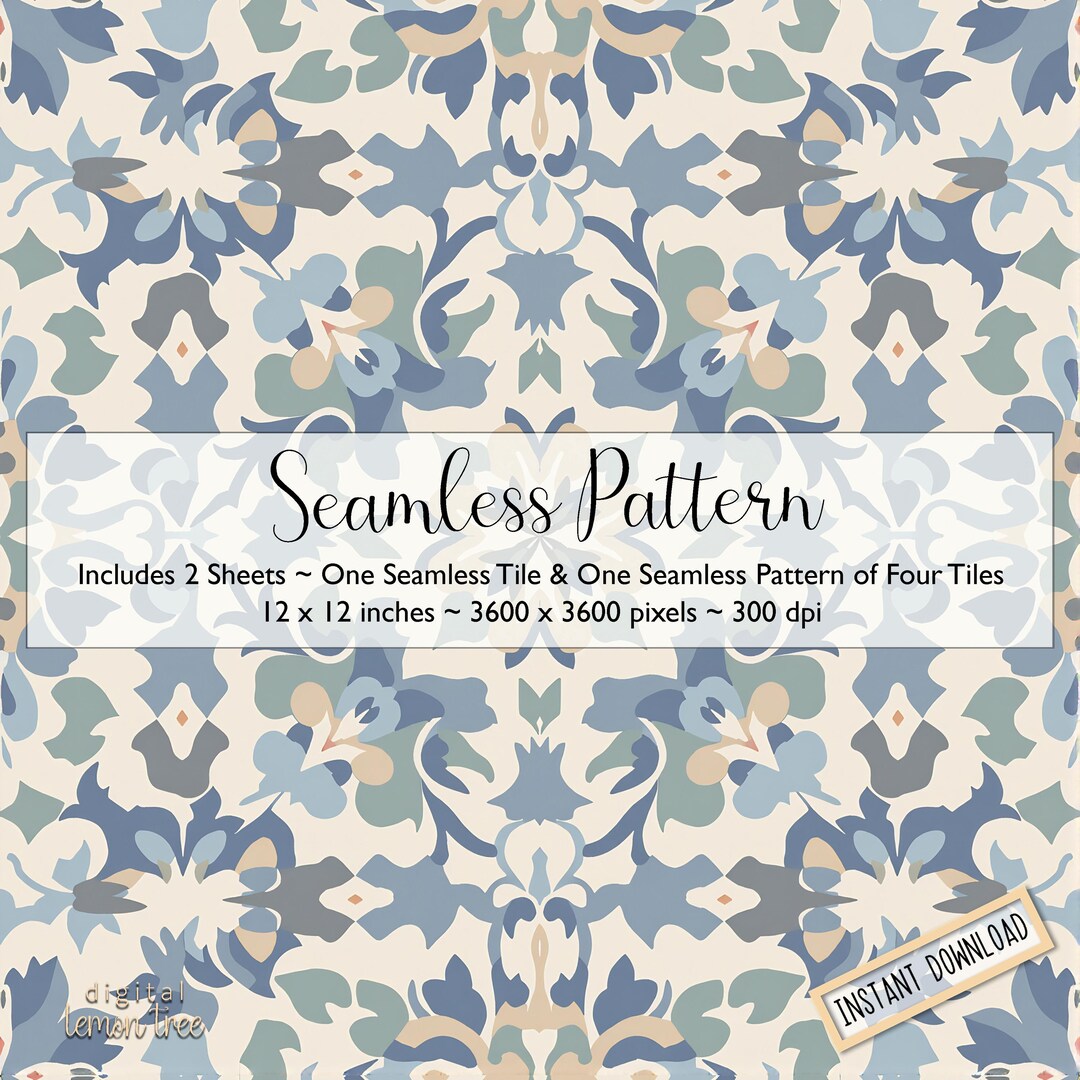Blue Mediterranean Tile Pattern: Seamless Fabric Print (commercial Use ...