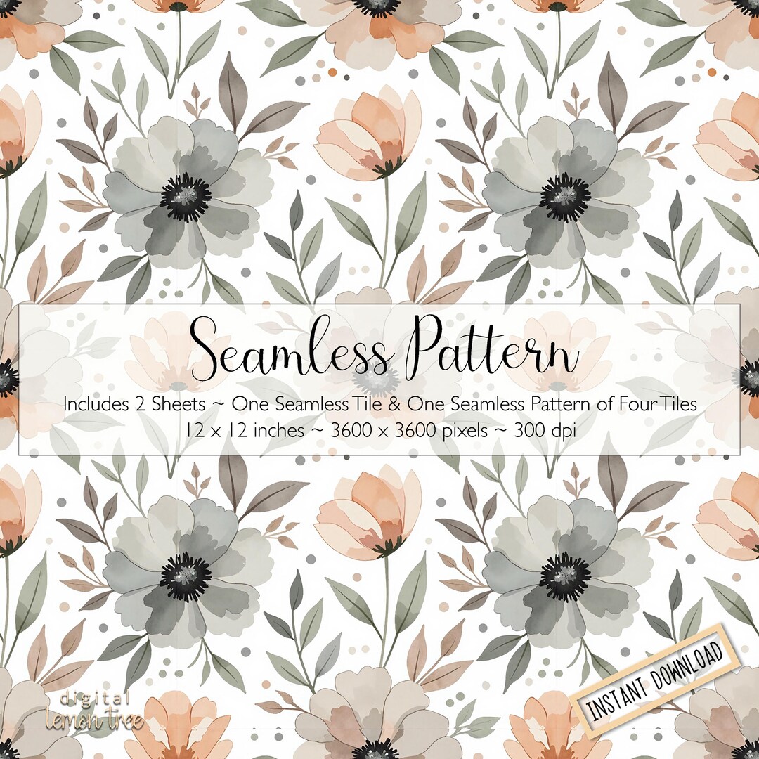 Green & Peach Floral Pattern: Seamless Fabric Design (commercial Use ...