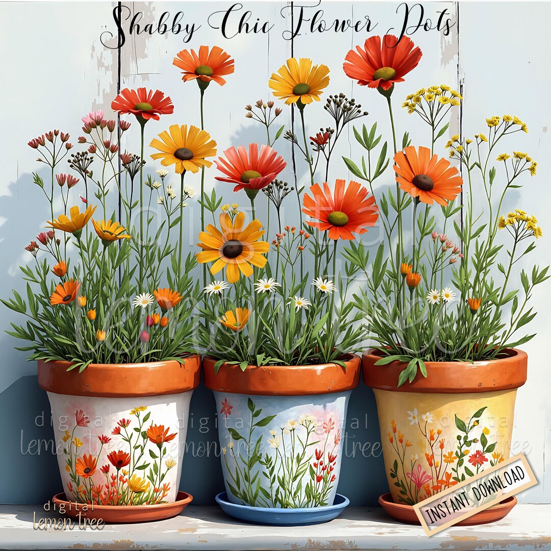 Watercolor Flower Pot Clipart: Shabby Chic Farmhouse Style (JPG Digital ...