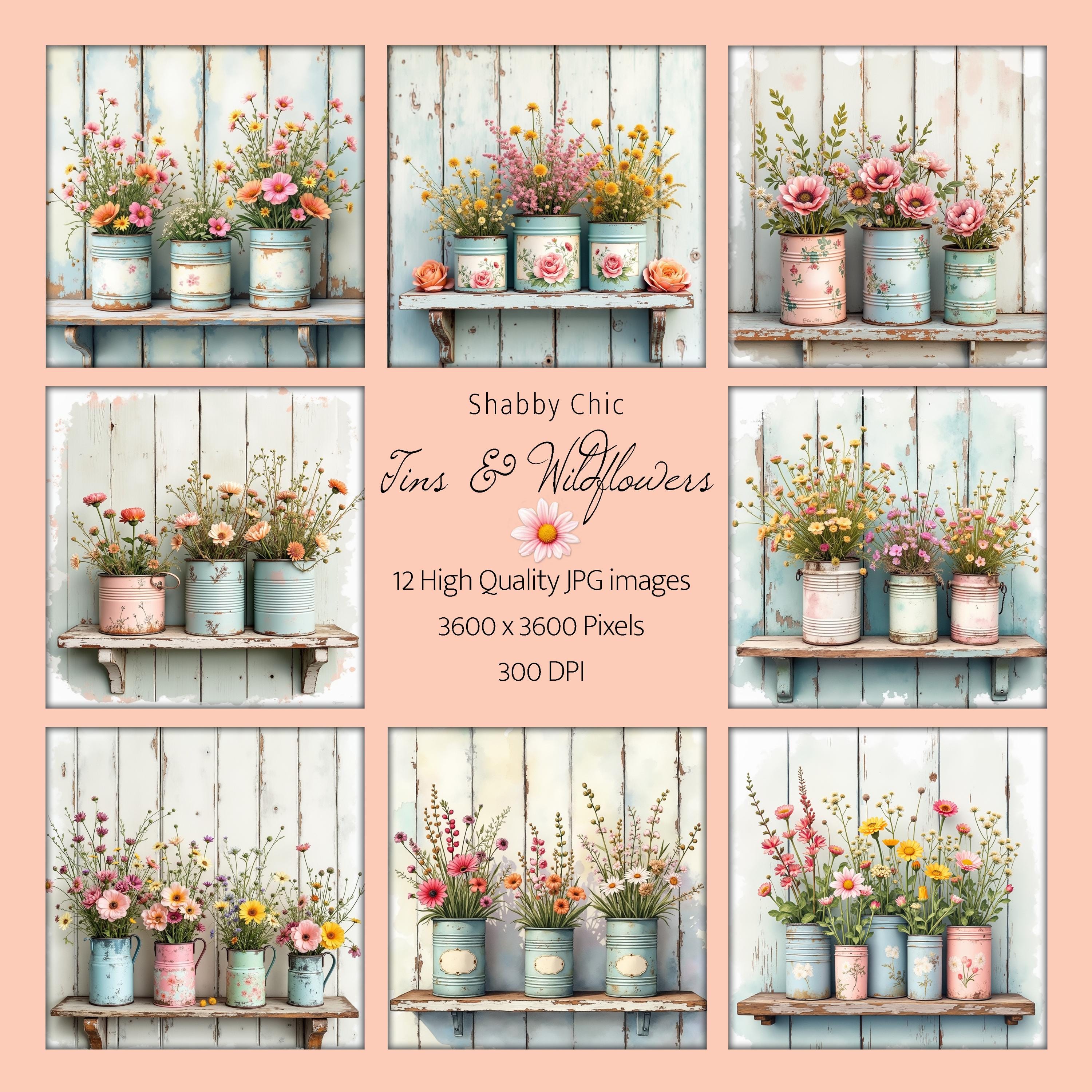 Shabby Chic Wildflower Clipart: Farmhouse Tins (digital Download) - Etsy