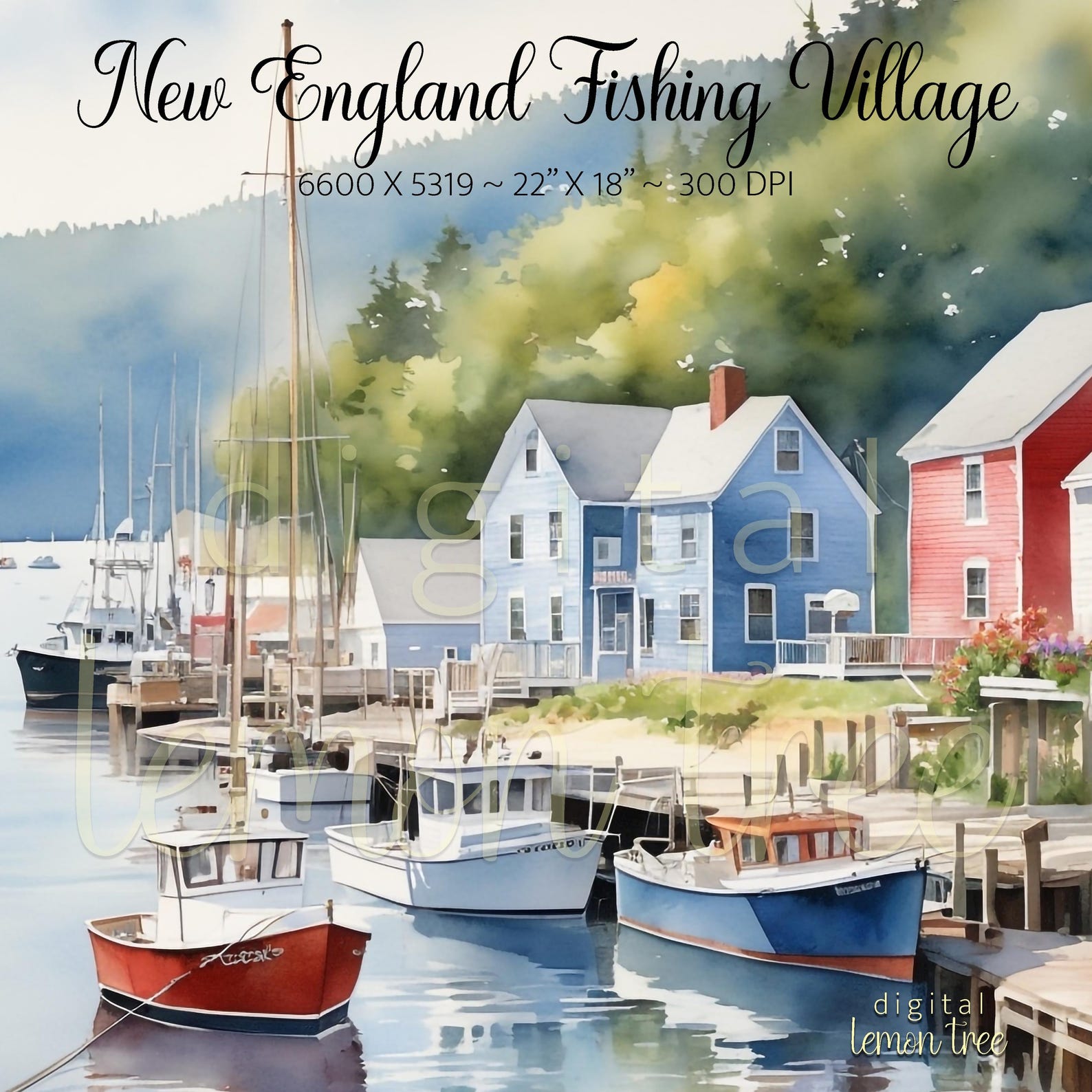 Watercolor New England Fishing Village Art: 12 JPG Files (digital ...