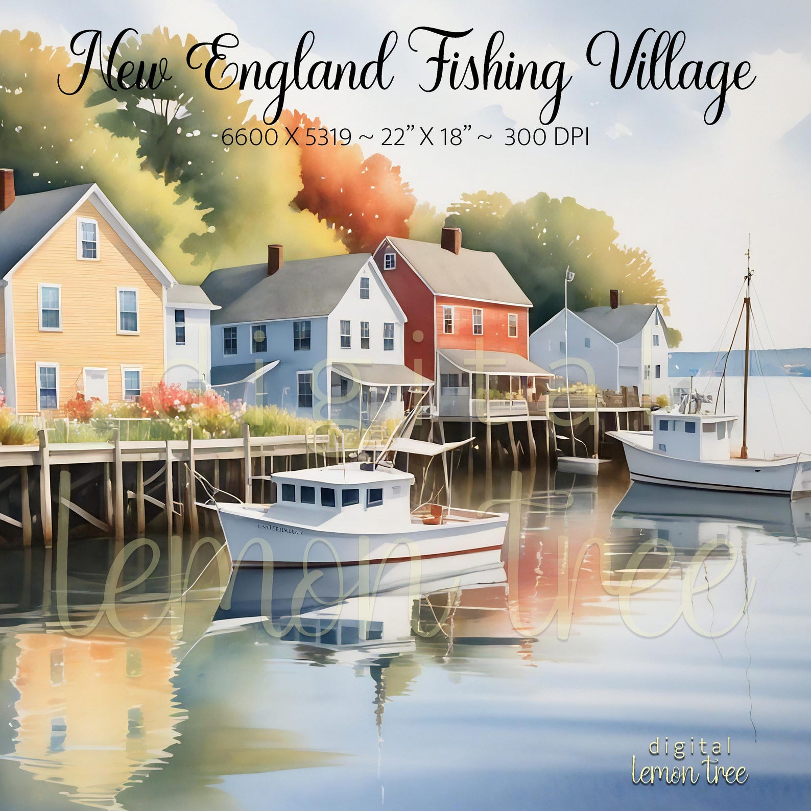 Watercolor New England Fishing Village Art: 12 JPG Files (digital ...