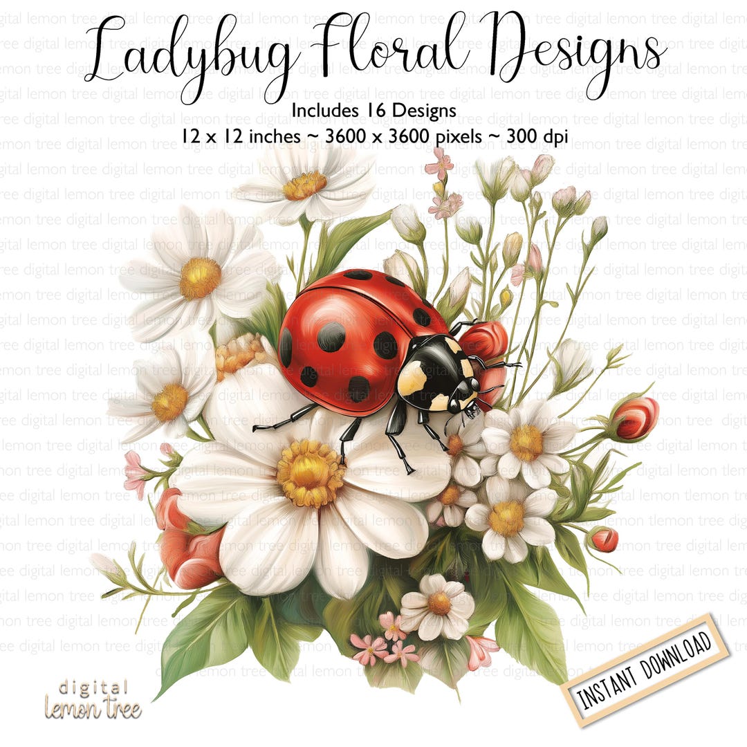 Ladybug Floral Clip Art, Watercolor Floral Arrangement (digital ...