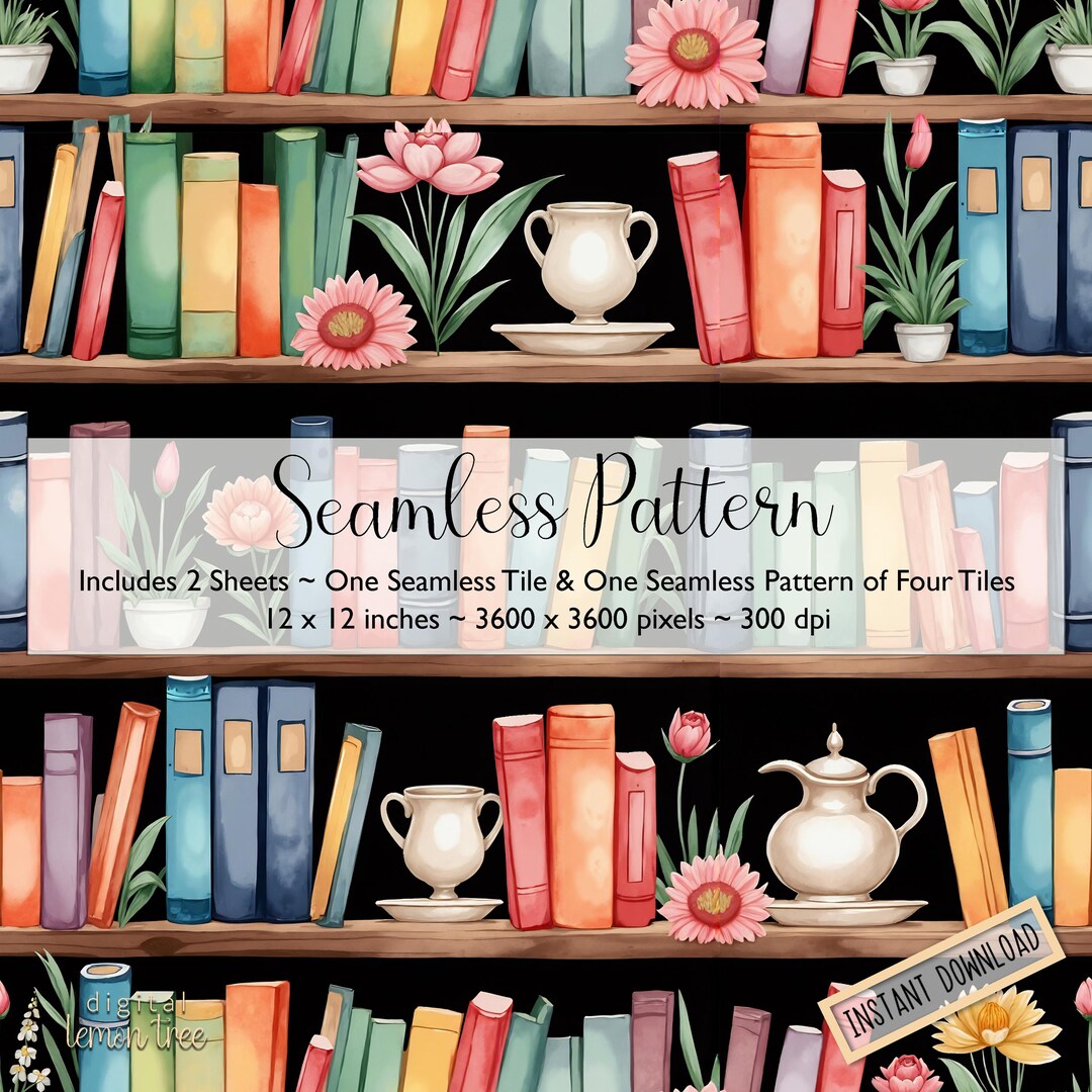 Bookshelf Seamless Pattern: Fabric, Wallpaper, Scrapbook (JPG Digital ...