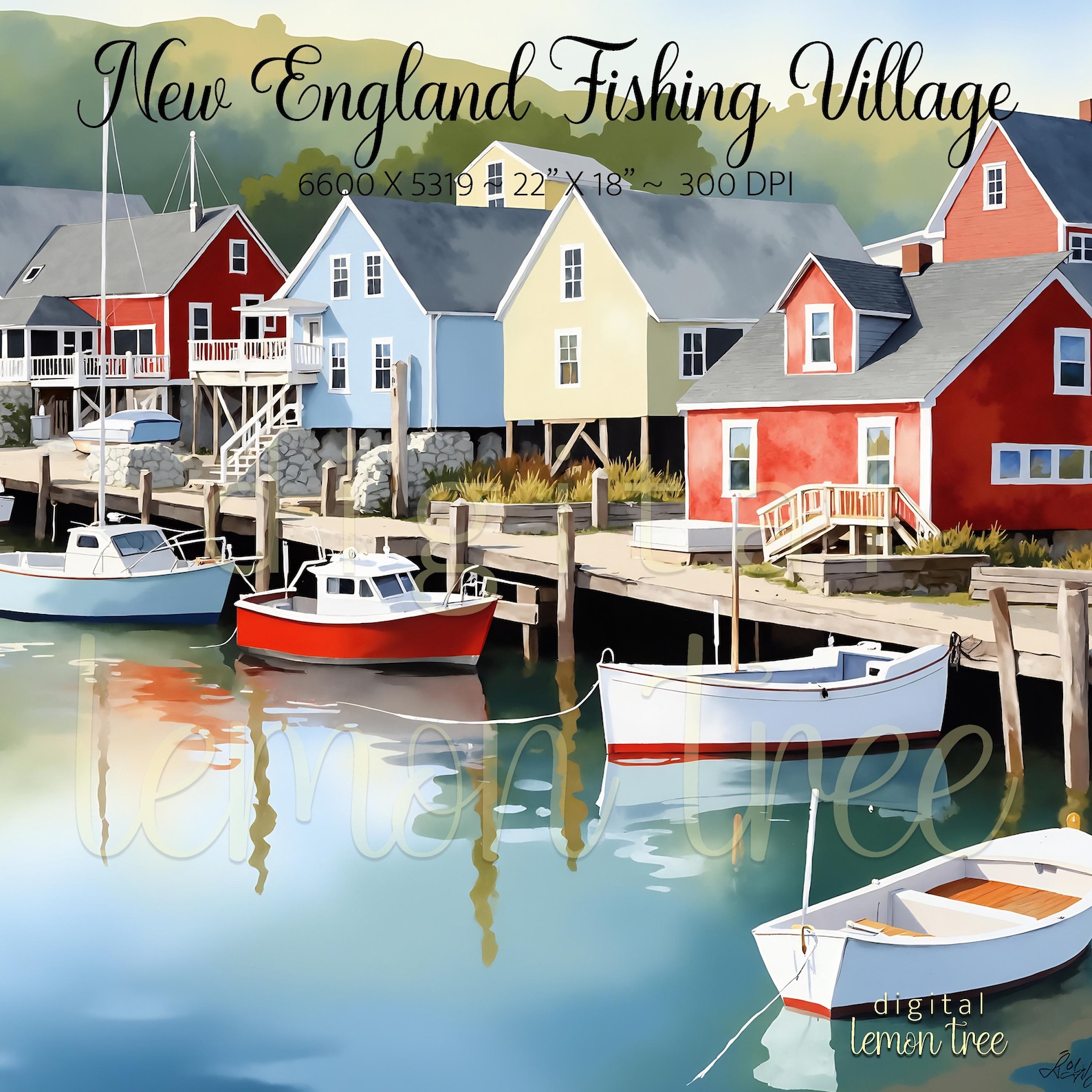 Watercolor New England Fishing Village Art: 12 JPG Files (digital ...