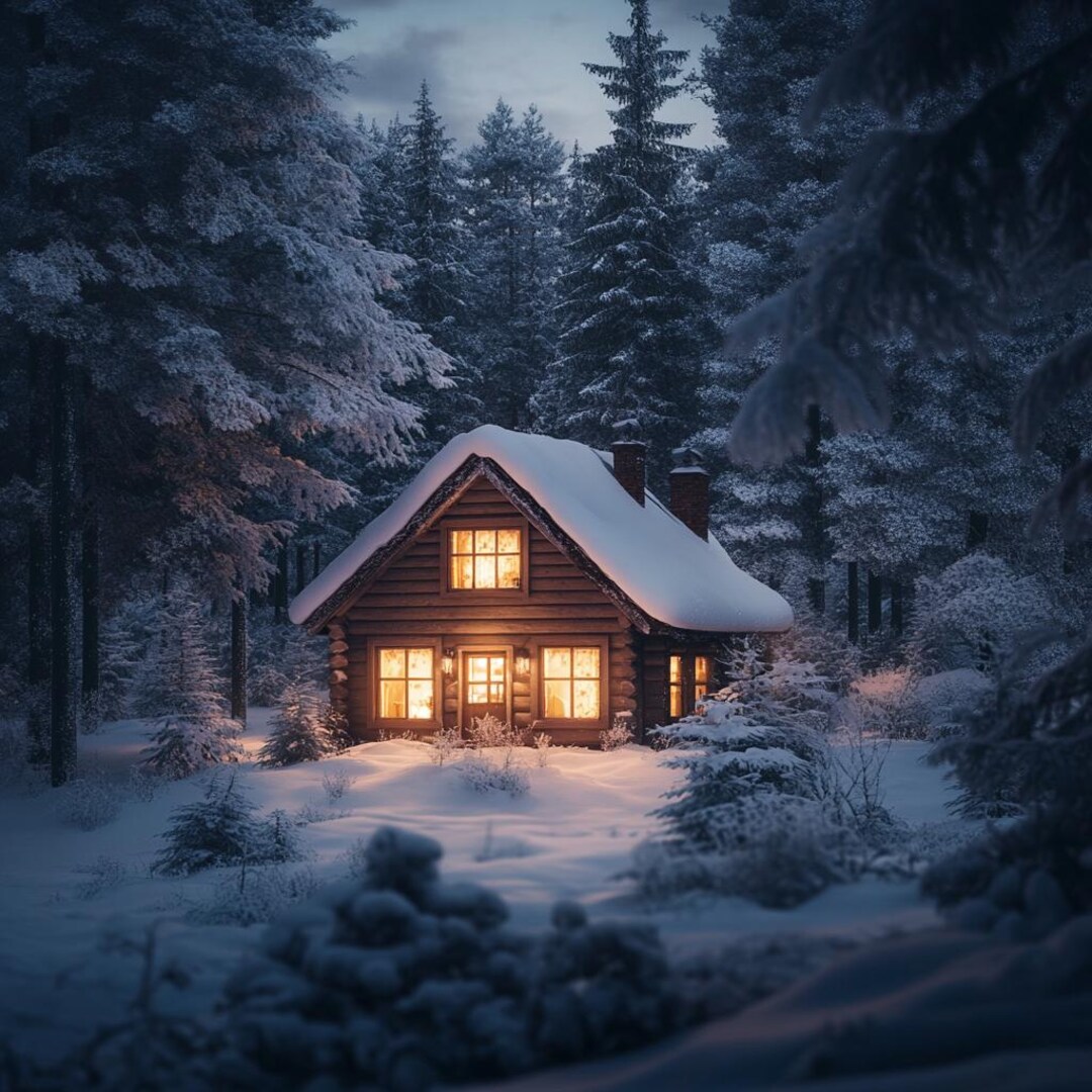 Rustic Winter Cabin Wall Art - Cosy Snowy Landscape, Warm Log Cabin ...