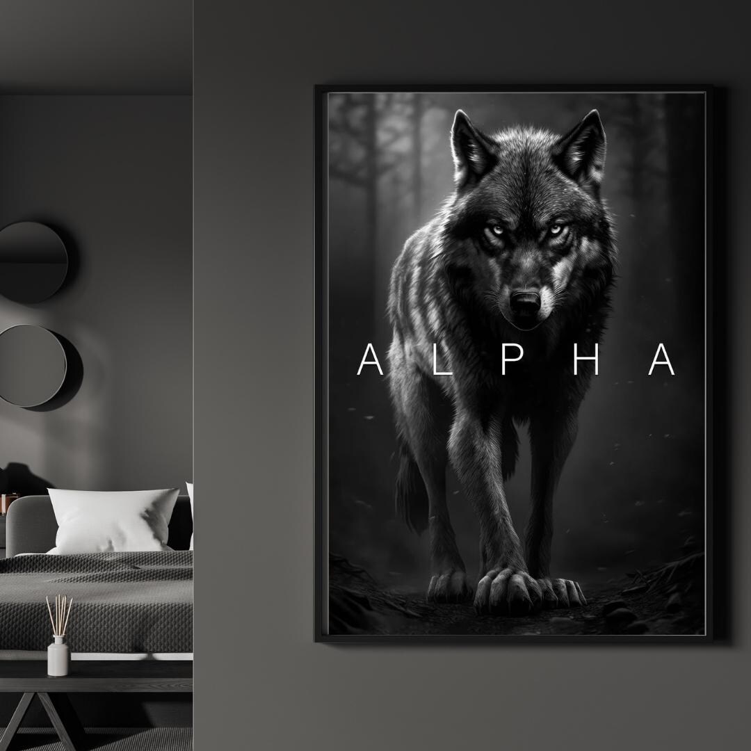 Black Wolf Wall Art, Alpha Wolf Hanging, Animal Print Wall Art, Gym ...