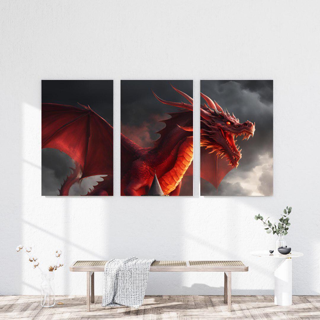 Red Dragon Triple Wall Art, Sky Fantasy Hanging, Abstract Gifted ...