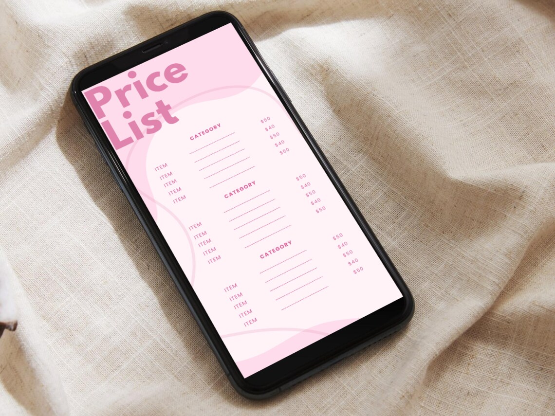 Pink Modern Price List, Price List Template, Pricing Sheet, Editable ...