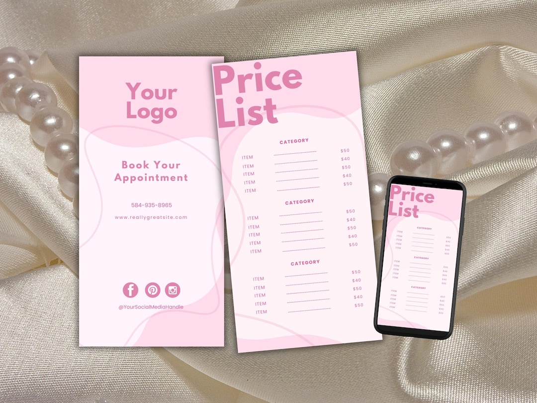 Pink Modern Price List, Price List Template, Pricing Sheet, Editable ...