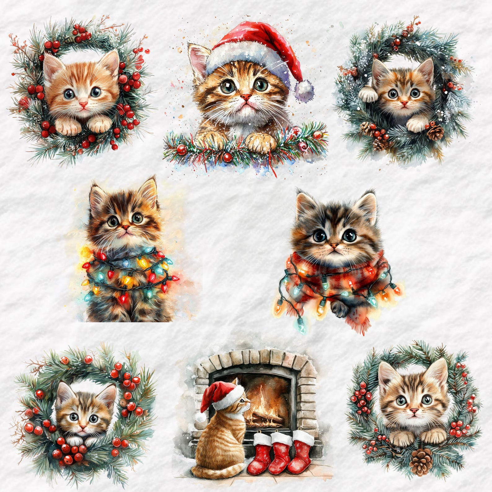 Watercolor Christmas Cats 24 PNG Holiday Clipart Kittens in Santa Hats ...