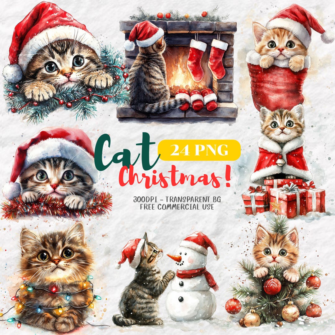 Watercolor Christmas Cats 24 PNG Holiday Clipart Kittens in Santa Hats ...