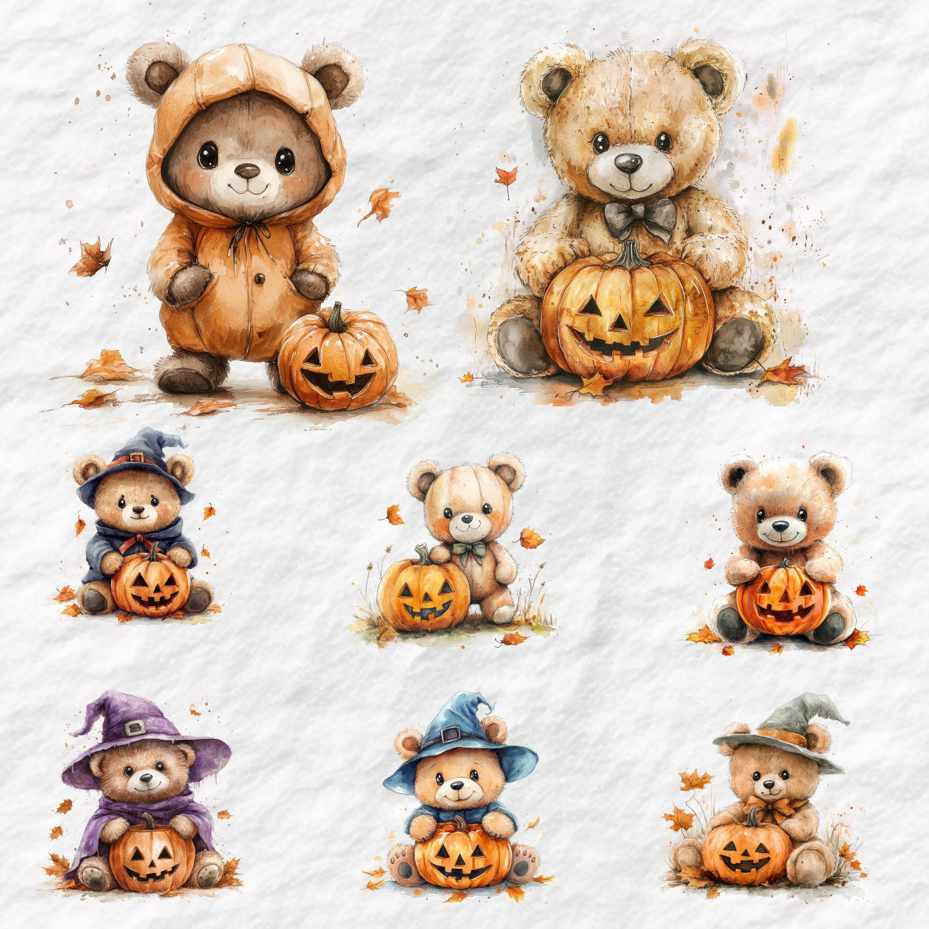 Teddy Bear Halloween Clipart, 24 PNGJPG Watercolor unique Halloween ...
