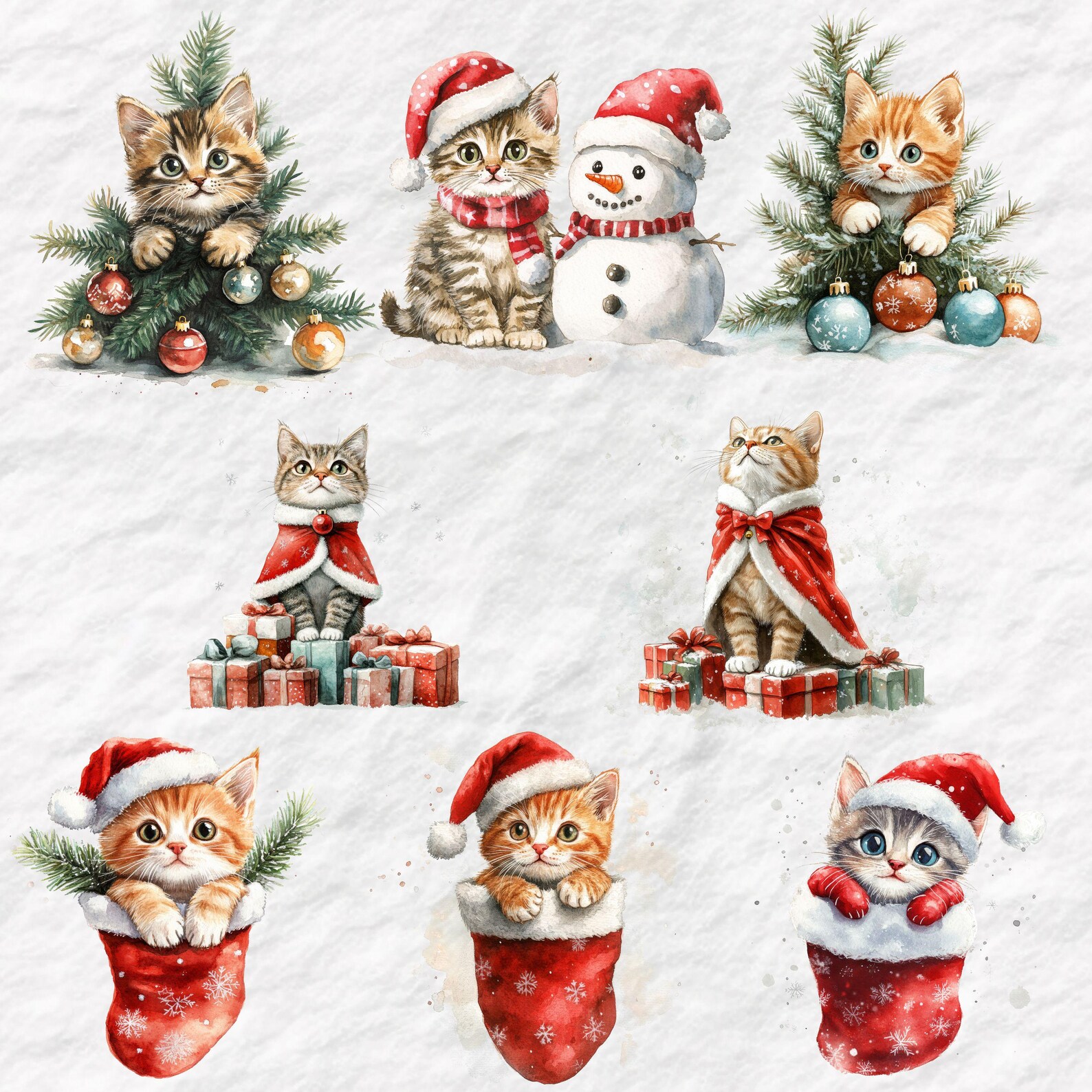 Watercolor Christmas Cats 24 PNG Holiday Clipart Kittens in Santa Hats ...