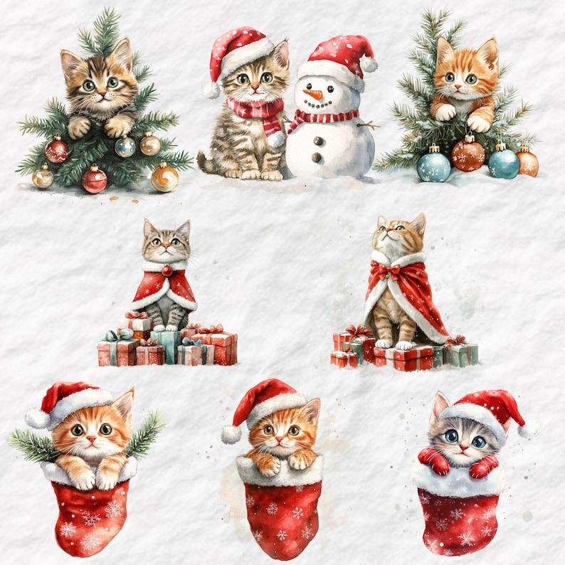 Watercolor Christmas Cats 24 PNG Holiday Clipart Kittens in Santa Hats ...