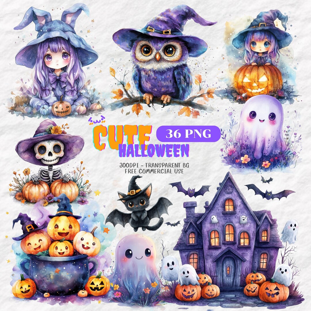 Cute Halloween Clipart Bundle 36 PNG Commercial Use Witch, Owl, Ghost ...