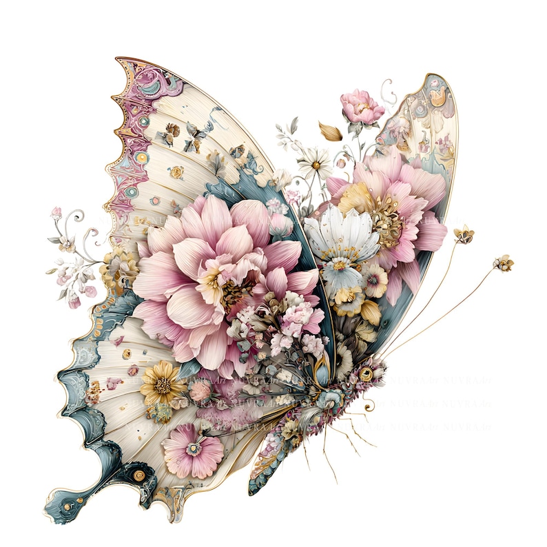 Vintage Botanical Butterfly Clipart, Floral Arrangement PNG ...