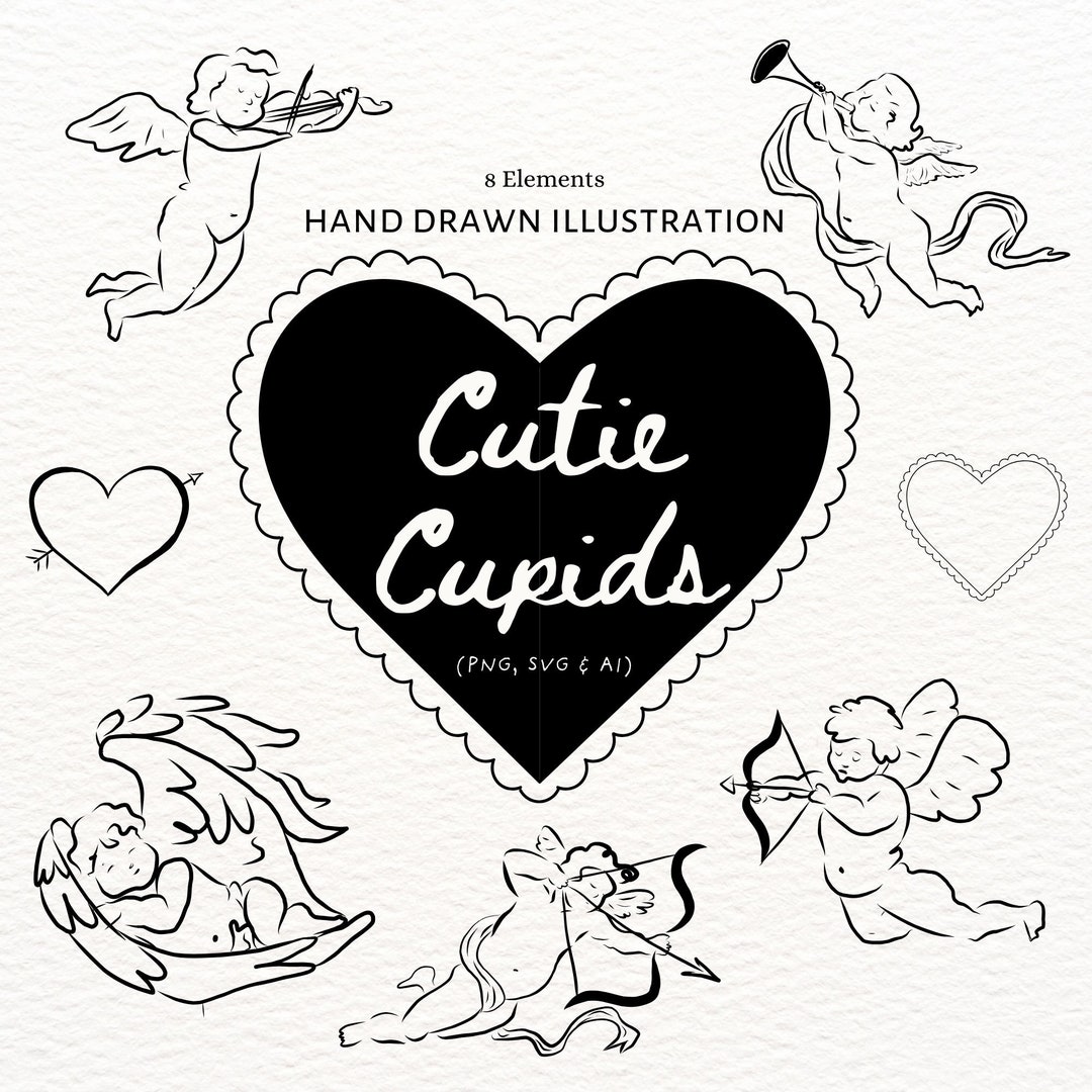 Cutie Cupids Whimsical Clip Art Bundle, 8 Hand Drawn Cherub & Heart ...