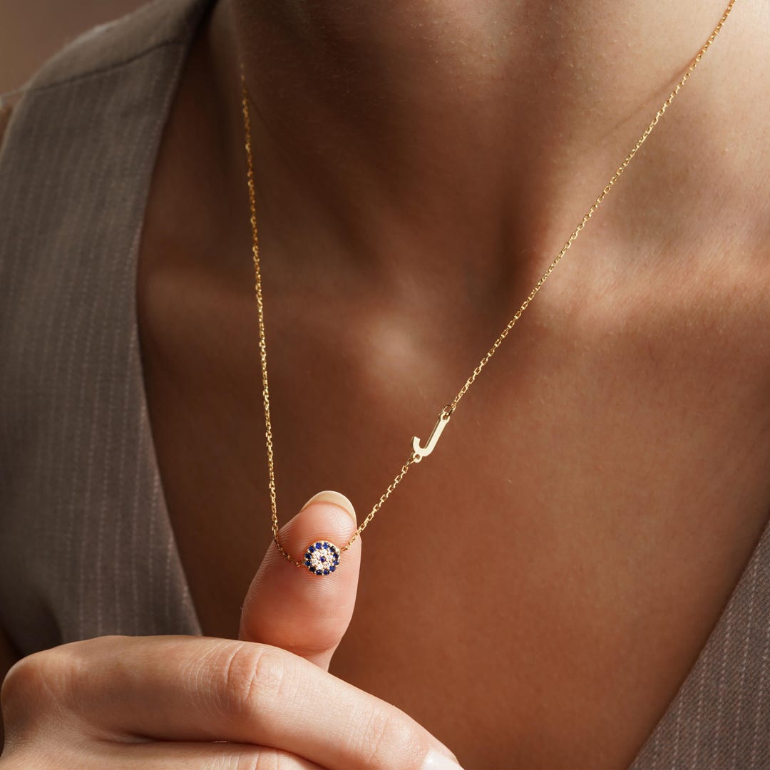 Evil Eye With Initial Necklace, Custom Gold Letter Charm, Personalized ...