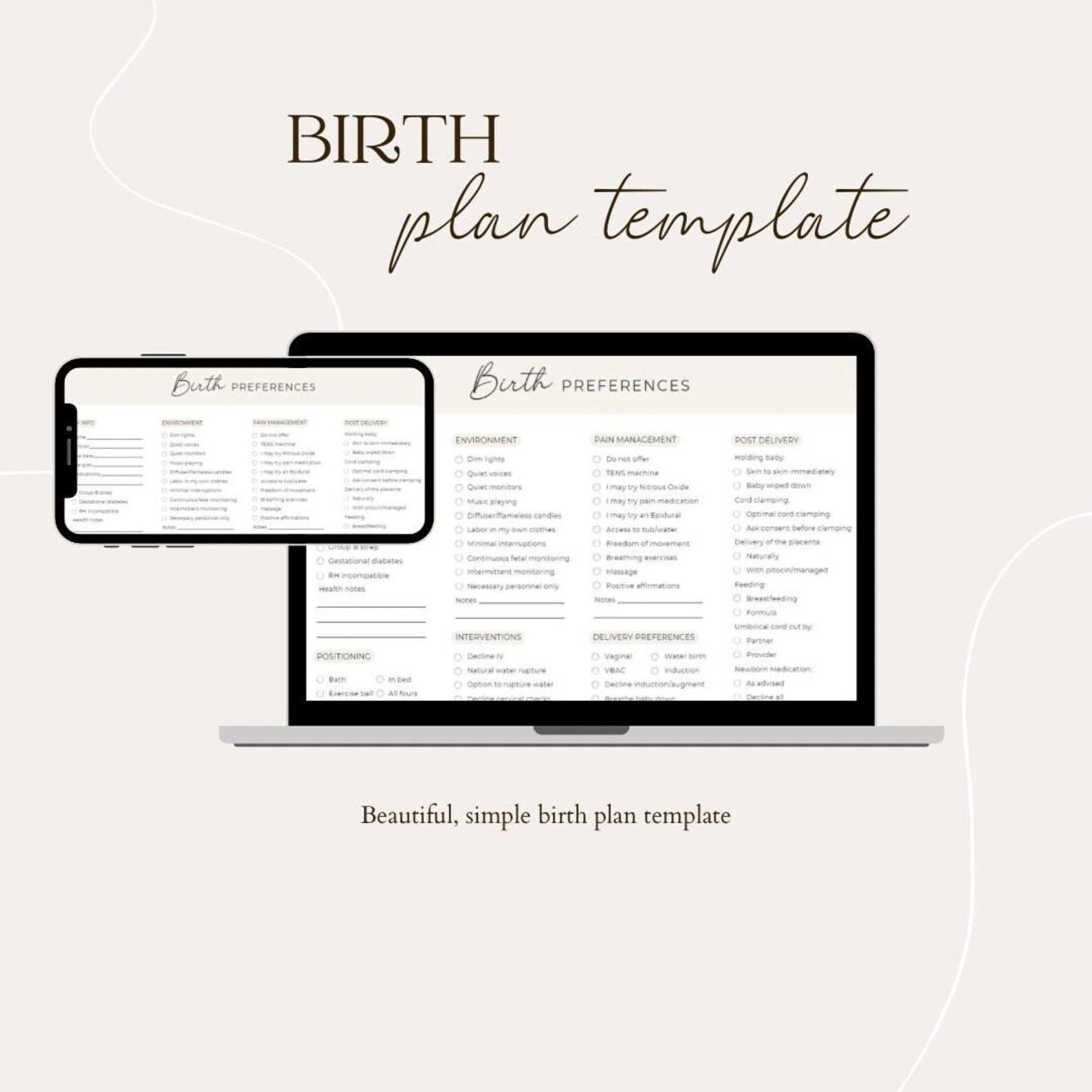One-page Birth Plan Template, Printable Birth Preferences ...